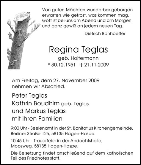 Traueranzeigen Von Regina Teglas Trauer In Nrw De
