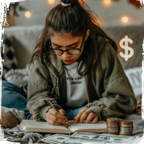 A Girl Is Writing In A Book With A Dollar Bill Premium Ai Generated Image