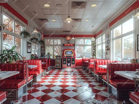 Premium Photo Classic American Diner With Red Leather Booths And A