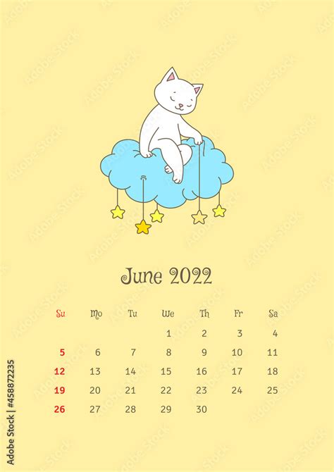 June 2022 Calendar Calendar Template Decorated With A Cute White Cat
