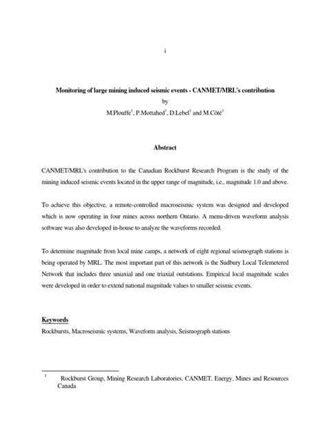 Monitoring Of Large Mining Induced Seismic Events Canmetmrls
