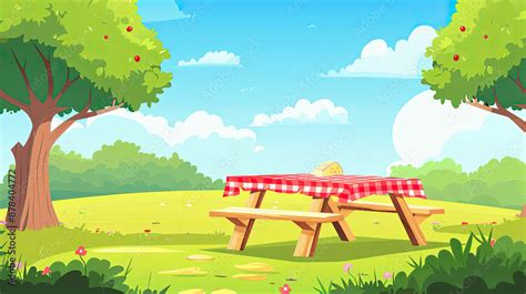 Picnic Table Illustration Cartoon Background Summer Fields Hills