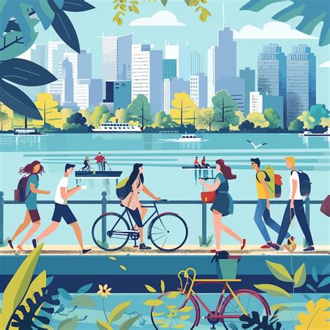 Um Cartaz Com Pessoas Caminhando Ao Longo De Um Rio Com Uma Cidade Ao