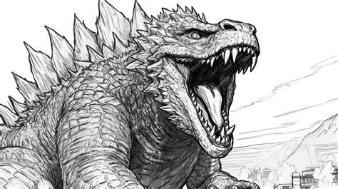 흑백 스케치 리 스타일의 아이들을 위한 최고의 고질라 색칠 공부 페이지 프리미엄 사진
