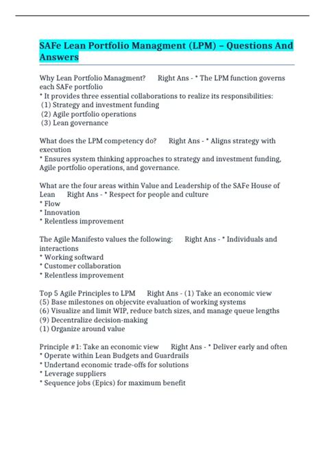 Safe Lean Portfolio Management Lpm Questions And Answers Lean
