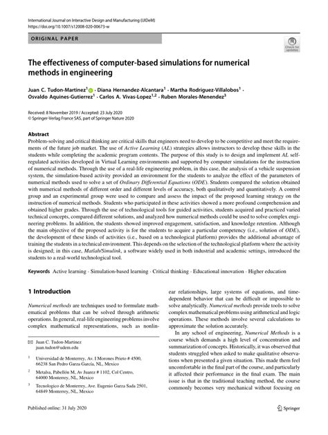 Pdf The Effectiveness Of Computer Based Simulations For Numerical Methods In Engineering