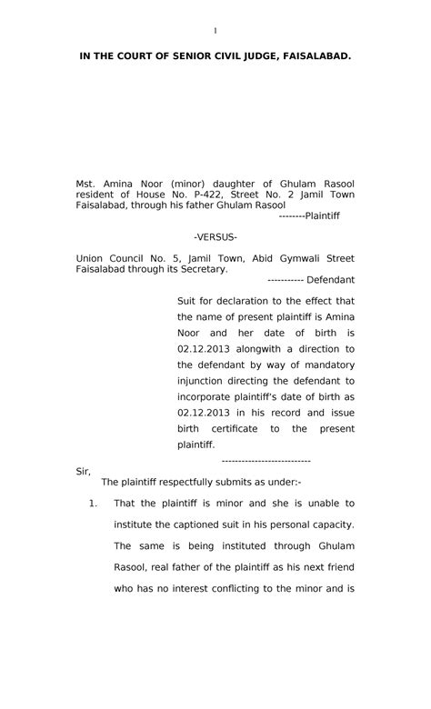 Suit For Declaration Formate In The Court Of Senior Civil Judge