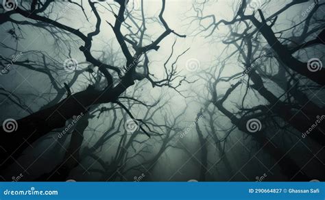 Looking Up At Scary Looking Trees At Night Within A Misty Forest Stock