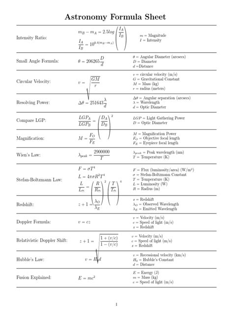 Astronomy Formula Sheet B A A B A B 04pm M Q Pdf Redshift Orbit