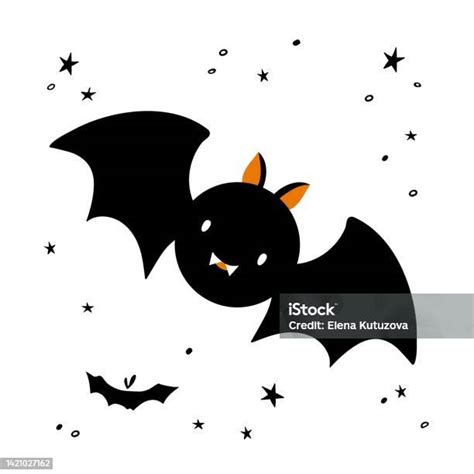 Halloween Card Funny Cartoon Cute Fluffy Black Bat Smiling Bat For
