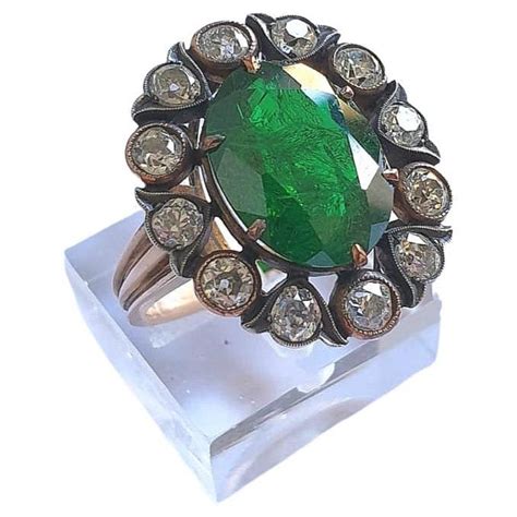 Antique Old Mine Cut Diamond And Green Chrome Diopside Gold Ring For