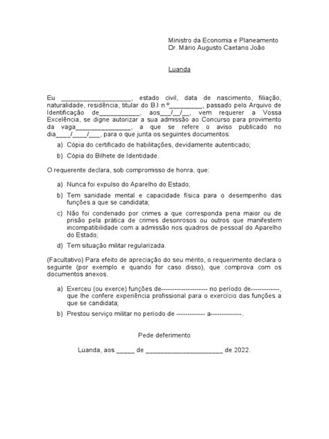 Requerimento Para Candidatura Ao Concurso Público De Ingresso Pdf