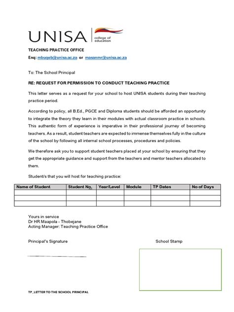 Letter Of Request To The Principal For Teaching Practice Pdf