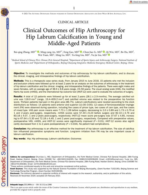 Pdf Clinical Outcomes Of Hip Arthroscopy For Hip Labrum Calcification