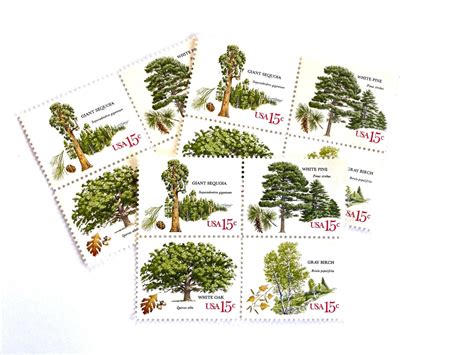 Set Of 4 American Trees Stamps Oak Birch Pine Sequoia Vintage Unu