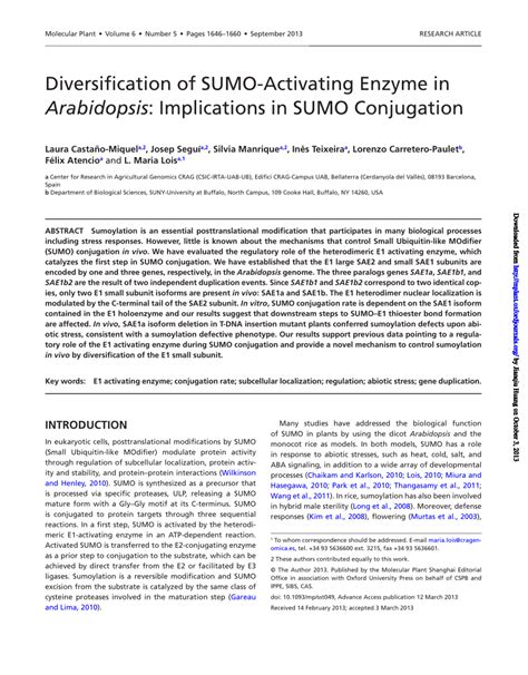 Pdf Diversification Of Sumo Activating Enzyme In Arabidopsis