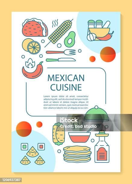 멕시코 요리 브로셔 템플릿 레이아웃입니다 멕시코 전통 식품 전단지 소책자 선형 일러스트레이션이있는 전단지 인쇄 디자인 잡지 연례 보고서 광고 포스터에 대한 벡터 페이지 레이
