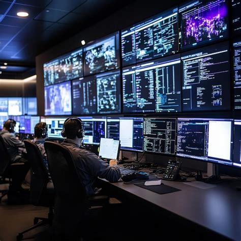 A Visual Of A Security Operations Center Soc With Analysts Monitoring Multiple Screens