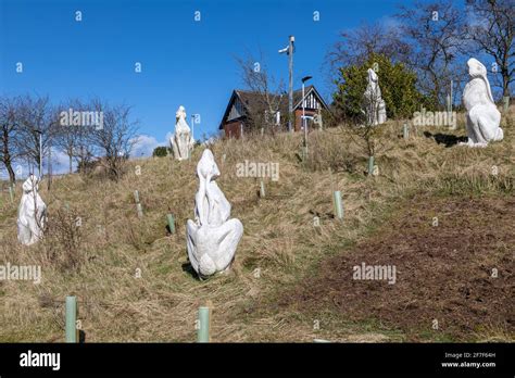 White Hares Looking Upwards Sculpture By Wayne Darnell On The Grass