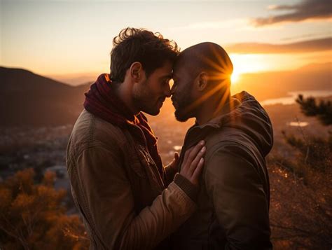 Una Pareja De Hombres Enamorados Al Atardecer Foto Premium