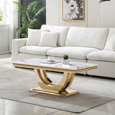 Modern Marble Coffee Table With Stainless Steel Pedestal