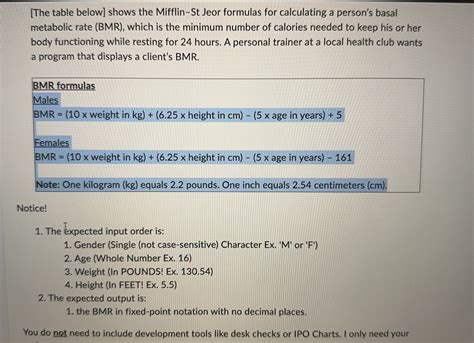Solved [the Table Below] ﻿shows The Mifflin St Jeor Formulas