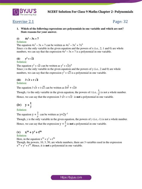 Ncert Solution For Cbse Class 9 Maths Chapter 2 Polynomials Pdf Pdf