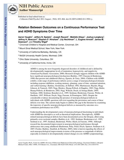 Pdf Relation Between Outcomes On A Continuous Performance Test And