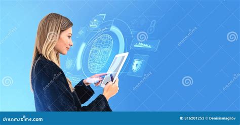 Woman Using Tablet Face Recognition Hologram And Data Security Stock Image Image Of Icons