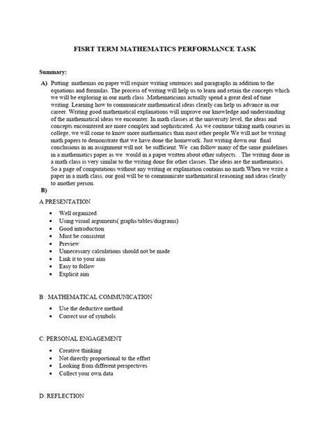 Fisrt Term Mathematics Performance Task Pdf Mathematics Idea