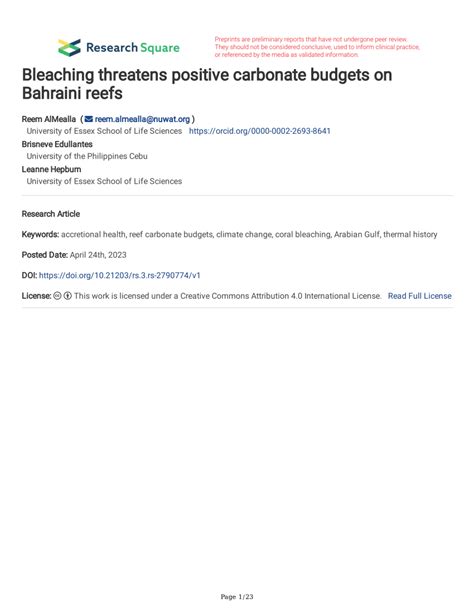 Pdf Bleaching Threatens Positive Carbonate Budgets On Bahraini Reefs