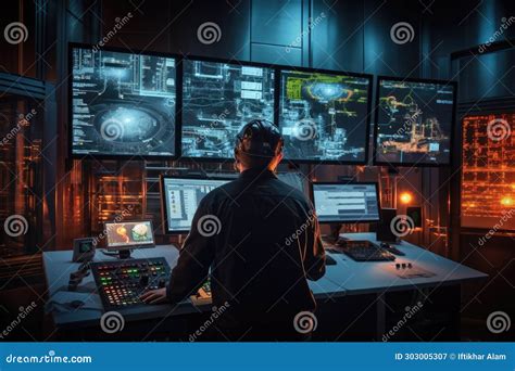 rear view of male security guard using computers in surveillance room