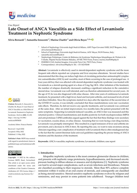 Pdf Late Onset Of Anca Vasculitis As A Side Effect Of Levamisole Treatment In Nephrotic Syndrome