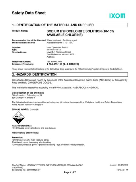 Sds Sodium Hypochlorite Solution 10 15 Pdf Dangerous Goods Occupational Safety And Health