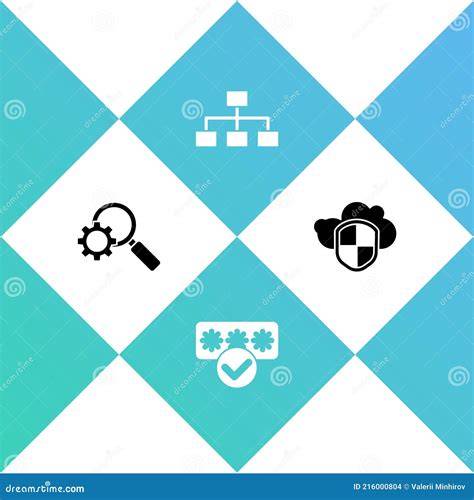 Set Magnifying Glass And Gear Password Protection Hierarchy Organogram Chart And Cloud Shield
