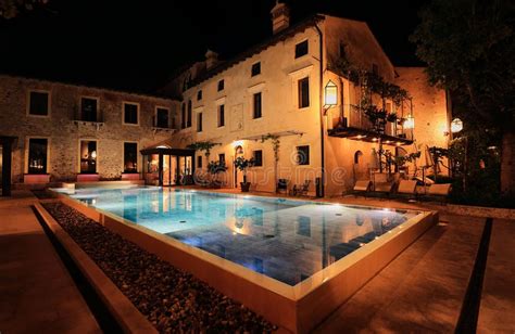 Luxurious Villa With Lit Pool At Night Stock Image Image Of Evening