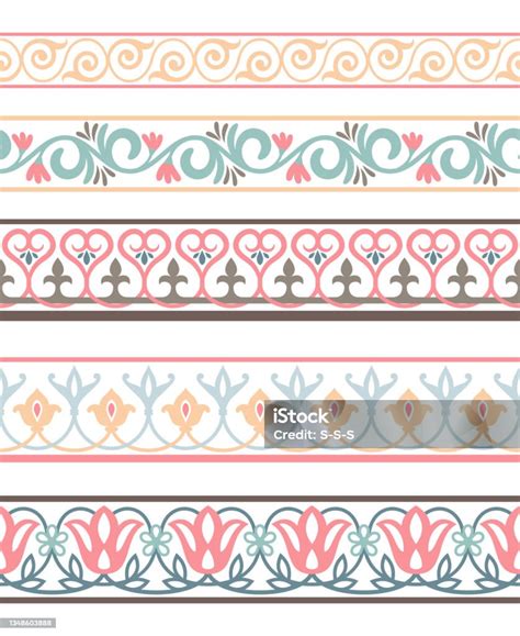 러시아어 원활한 국경 슬라브 장식 수평 원활한 테두리 세트 러시아 국가 스텐실 꽃 동양 잎 텐드릴 장식 세라믹 우크라이나 전통 라인 프린트 프레임에 대한 스톡 벡터 아트 및
