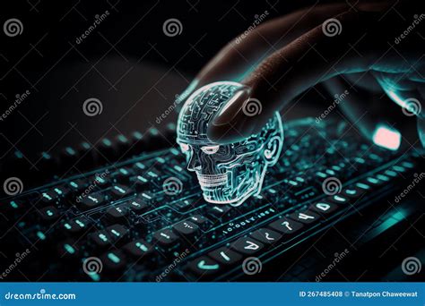 futuristic hand typing keyboard with ai robot brain as helper