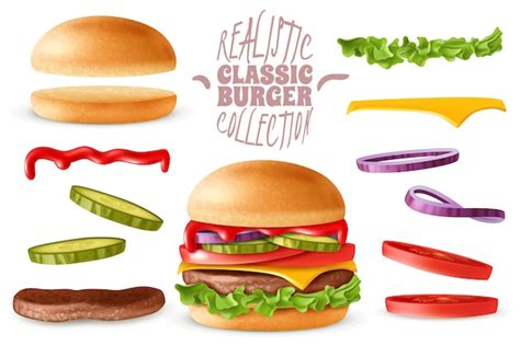 Premium Vector Realistic Classic Burger Elements Set Premium Vector Realistic Classic Burger Elements Set