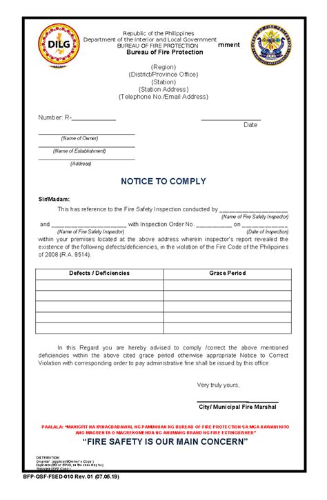 Fsed 10f Notice To Comply Ntc Fire Safety Inspection Report Studocu