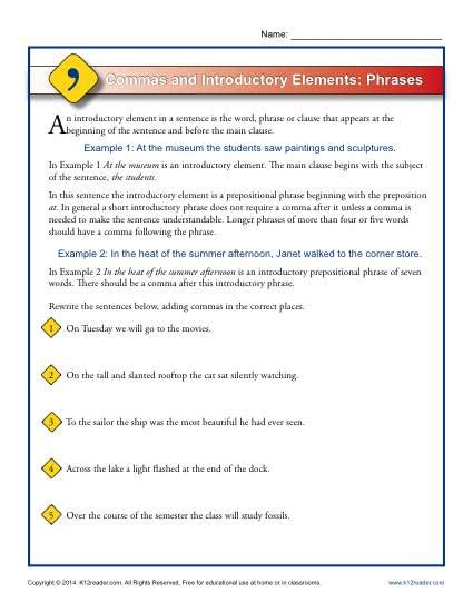 Commas And Introductory Elements Phrases Punctuation Worksheets Worksheets Library