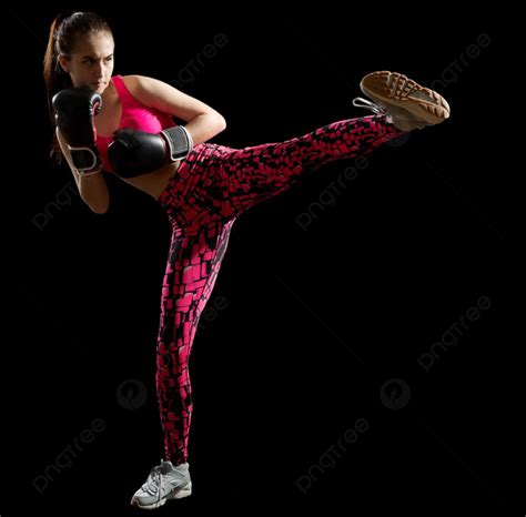 Young Sporty Kickboxer Girl Isolated On Black Photo Background And