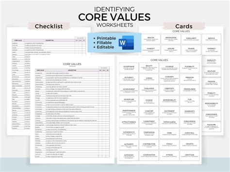 Identifying Core Values Worksheets Clarification Core Values Etsy