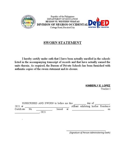 Sworn Statement Of Teacher Kimberly E Lopez Certifying The