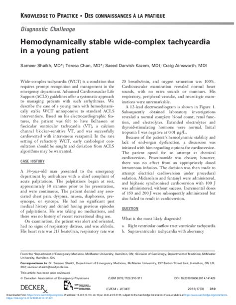 Pdf Hemodynamically Stable Wide Complex Tachycardia In A Young Patient