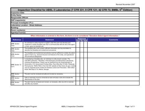 Inspection Checklist For Absl 3 Laboratories Select Agent Program