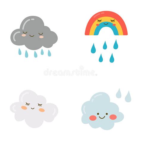 Set Of Cute Rain Cloud Rainbow Cartoon Character In The Sky Stock Vector Illustration Of