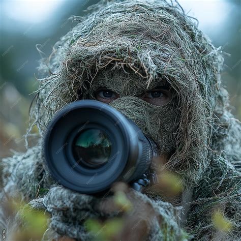 A Person In Ghillie Suit With His Camera Of Large Lense Trying To