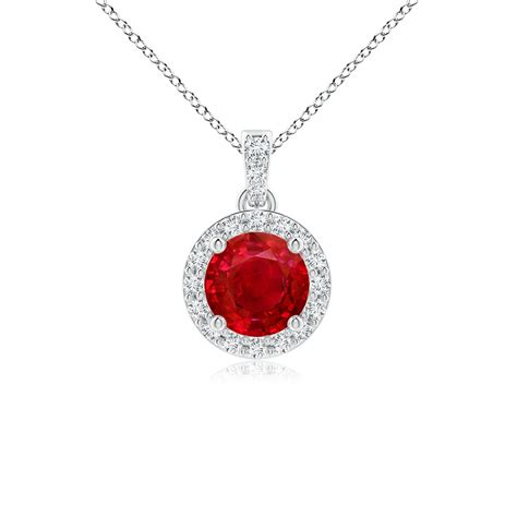 Round Ruby Dangle Pendant With Diamond Halo