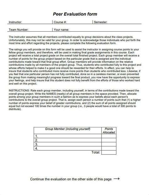 Printable Peer Evaluation Form